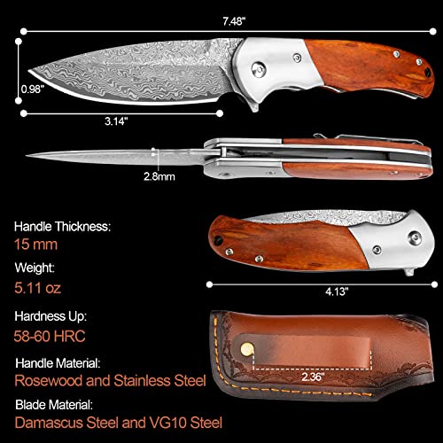 KOMWERO Damascus Pocket Knife with Clip for Men, VG10 Damascus Steel Folding Knives, EDC Damascus Hunting Knife with Leather Sheath Wooden Handle for Camping Collection