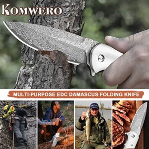 KOMWERO Damascus Pocket Knife with Clip for Men, VG10 Damascus Steel Folding Knives, EDC Damascus Hunting Knife with Leather Sheath Wooden Handle for Camping Collection