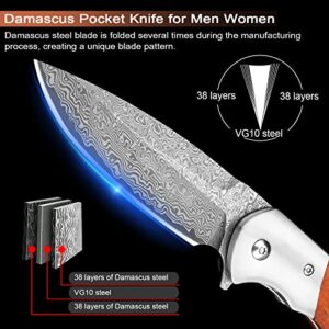 KOMWERO Damascus Pocket Knife with Clip for Men, VG10 Damascus Steel Folding Knives, EDC Damascus Hunting Knife with Leather Sheath Wooden Handle for Camping Collection