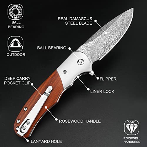 KOMWERO Damascus Pocket Knife with Clip for Men, VG10 Damascus Steel Folding Knives, EDC Damascus Hunting Knife with Leather Sheath Wooden Handle for Camping Collection