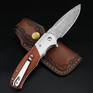 KOMWERO Damascus Pocket Knife with Clip for Men, VG10 Damascus Steel Folding Knives, EDC Damascus Hunting Knife with Leather Sheath Wooden Handle for Camping Collection