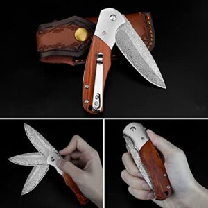 KOMWERO Damascus Pocket Knife with Clip for Men, VG10 Damascus Steel Folding Knives, EDC Damascus Hunting Knife with Leather Sheath Wooden Handle for Camping Collection