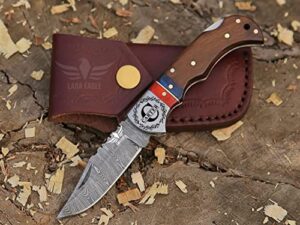 lara eagle personalised damascus pocket knife for men – 133 layer solid steel handmade folding hunting knives with sharpner and leather pouch – best knife for camping hunting hiking – father’s day gifts for men husband dad