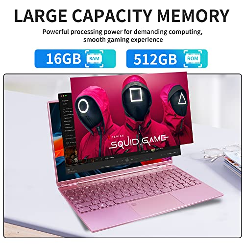 [Win 11 & MS Office 2019] 15.6’’ High-Speed Celeron N5105 Quad Core Processor Laptop Full HD IPS Screen 16GB RAM 512GB SSD Notebook 180°Opening and Closing Dual Band WiFi(16G+512GB SSD, Rose Gold)