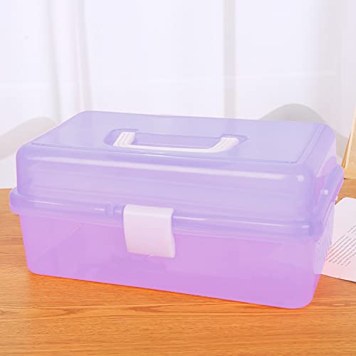 Zhousensen 13in Three-Layer Clear Art Storage Box Craft Organizer, Folding Tool Box with Handle, Art & Crafts Case/Sewing Supplies Organizer for Home School Office Travel (Purple)