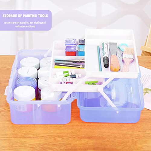 Zhousensen 13in Three-Layer Clear Art Storage Box Craft Organizer, Folding Tool Box with Handle, Art & Crafts Case/Sewing Supplies Organizer for Home School Office Travel (Purple)