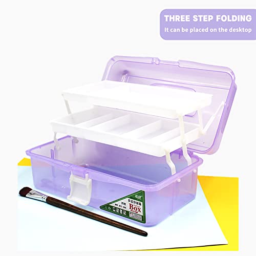 Zhousensen 13in Three-Layer Clear Art Storage Box Craft Organizer, Folding Tool Box with Handle, Art & Crafts Case/Sewing Supplies Organizer for Home School Office Travel (Purple)