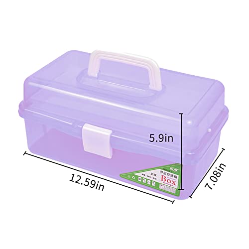 Zhousensen 13in Three-Layer Clear Art Storage Box Craft Organizer, Folding Tool Box with Handle, Art & Crafts Case/Sewing Supplies Organizer for Home School Office Travel (Purple)