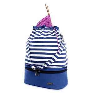 Teamoy Drawstring Yarn Bag, Knitting Tote Bag for Yarn, Unfinished Project, Knitting Needles and Accessories, Blue Strips (No Accessories Included)