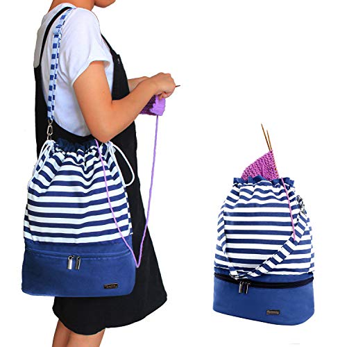 Teamoy Drawstring Yarn Bag, Knitting Tote Bag for Yarn, Unfinished Project, Knitting Needles and Accessories, Blue Strips (No Accessories Included)