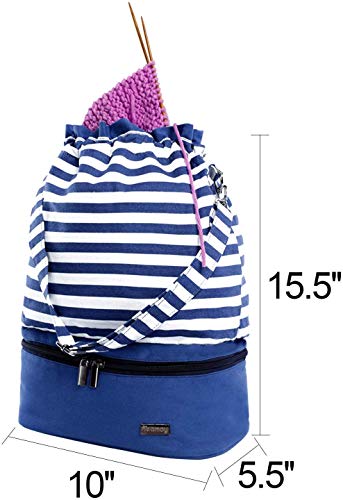 Teamoy Drawstring Yarn Bag, Knitting Tote Bag for Yarn, Unfinished Project, Knitting Needles and Accessories, Blue Strips (No Accessories Included)