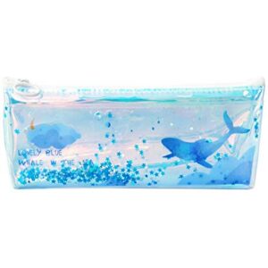 Funny live Blue Ocean Blue Whale with Sequins Drift Pencil Bags Transparent Pencil Case Stationery Pouch Bag TPU Makeup Storage Bags (Style B)