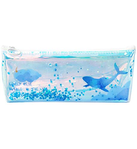 Funny live Blue Ocean Blue Whale with Sequins Drift Pencil Bags Transparent Pencil Case Stationery Pouch Bag TPU Makeup Storage Bags (Style B)