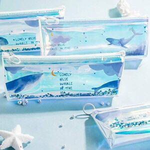 Funny live Blue Ocean Blue Whale with Sequins Drift Pencil Bags Transparent Pencil Case Stationery Pouch Bag TPU Makeup Storage Bags (Style B)