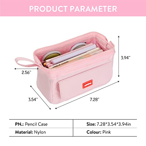 Aobopar Pencil Case, Pink Pen Bag with Zipper, Large Capacity Pencil Pouch with Compartment, Stationery Organizer for People