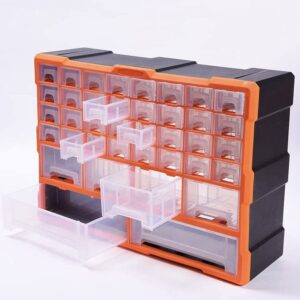 Tools, Hardware, Crafts Storage Organizer, 32 Small/4 Medium/2 Large Plastic Drawer Cabinets with Precut Labels, 20.47-Inch D x 6.3" Inch W x 14.57 Inch H, Orange