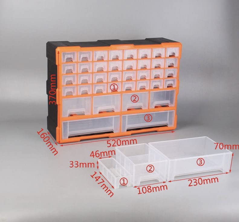 Tools, Hardware, Crafts Storage Organizer, 32 Small/4 Medium/2 Large Plastic Drawer Cabinets with Precut Labels, 20.47-Inch D x 6.3" Inch W x 14.57 Inch H, Orange