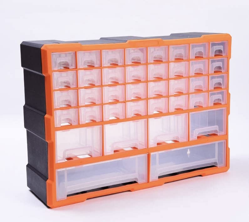 Tools, Hardware, Crafts Storage Organizer, 32 Small/4 Medium/2 Large Plastic Drawer Cabinets with Precut Labels, 20.47-Inch D x 6.3" Inch W x 14.57 Inch H, Orange