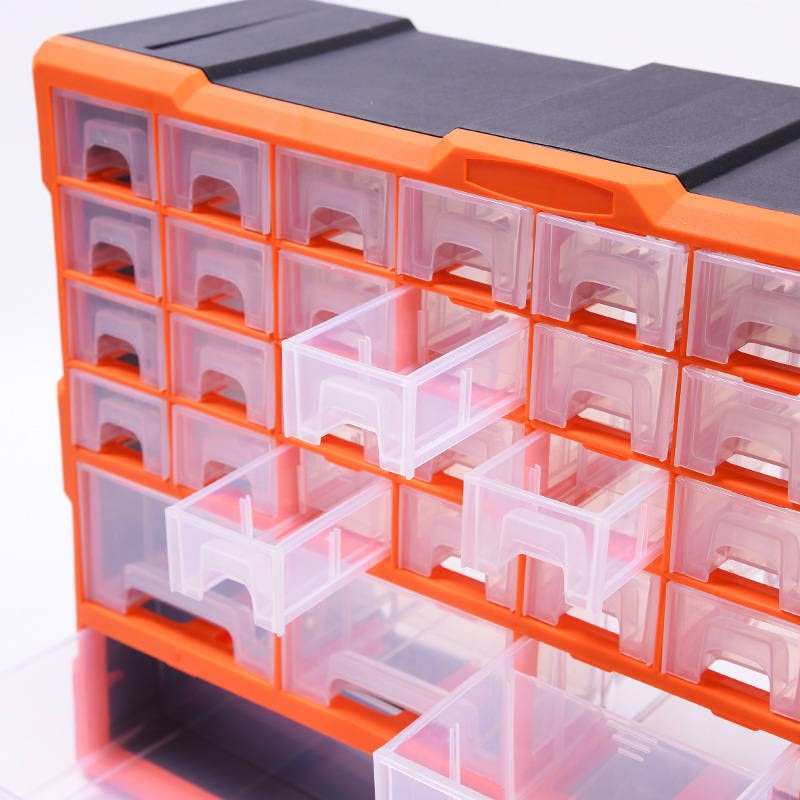 Tools, Hardware, Crafts Storage Organizer, 32 Small/4 Medium/2 Large Plastic Drawer Cabinets with Precut Labels, 20.47-Inch D x 6.3" Inch W x 14.57 Inch H, Orange