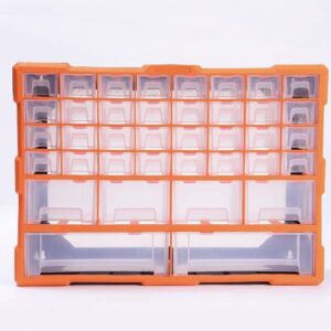 Tools, Hardware, Crafts Storage Organizer, 32 Small/4 Medium/2 Large Plastic Drawer Cabinets with Precut Labels, 20.47-Inch D x 6.3" Inch W x 14.57 Inch H, Orange