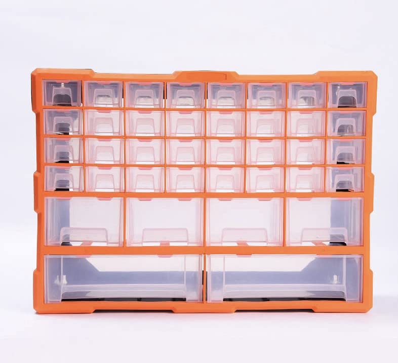 Tools, Hardware, Crafts Storage Organizer, 32 Small/4 Medium/2 Large Plastic Drawer Cabinets with Precut Labels, 20.47-Inch D x 6.3" Inch W x 14.57 Inch H, Orange