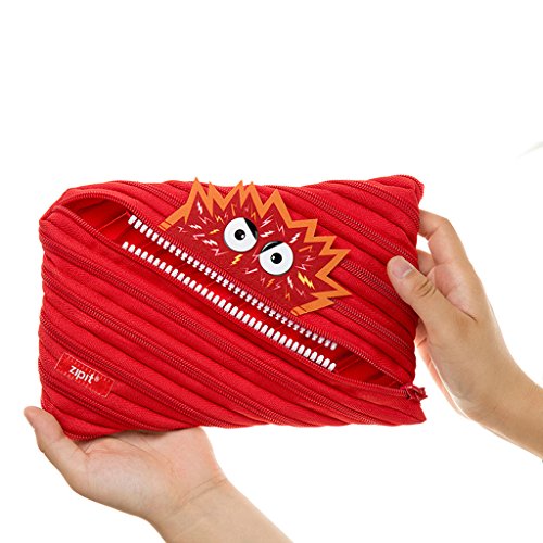 ZIPIT Talking Monstar Large Pencil Case, Holds Up to 60 Pens, Made of One Long Zipper! (Red)