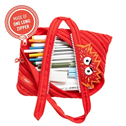 ZIPIT Talking Monstar Large Pencil Case, Holds Up to 60 Pens, Made of One Long Zipper! (Red)