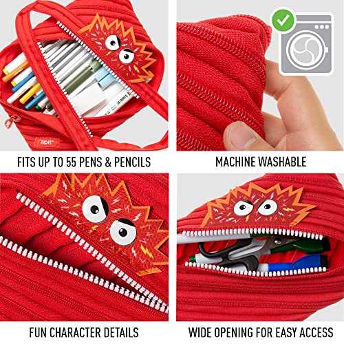 ZIPIT Talking Monstar Large Pencil Case, Holds Up to 60 Pens, Made of One Long Zipper! (Red)