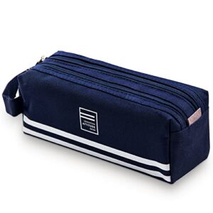 golcellia large capacity pencil case 2 compartment foldable design canvas with zipper handle pouch pen bag for girls boys arts college students adults school supplies (navy blue)