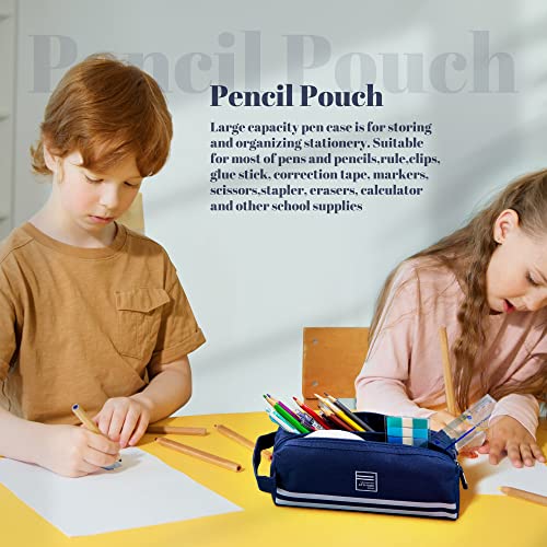 Golcellia Large Capacity Pencil Case 2 Compartment Foldable Design Canvas With Zipper Handle Pouch Pen Bag for Girls Boys Arts College Students Adults School Supplies (Navy Blue)