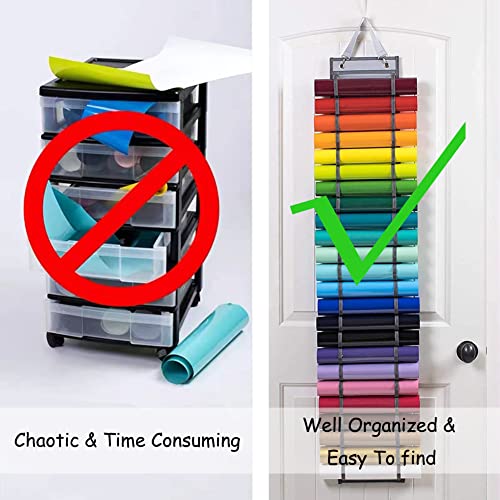 Vinyl Roll Holder with 24 Compartments and Keeper with Door Hooks and Strap, Clear Vinyl Organizers Holder Wall Mount for Home Craft Closet Wall Door (Grey)