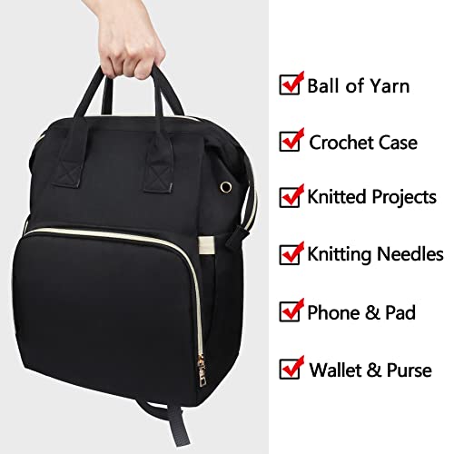 Knitting Bag Achwishap Crochet Knitting Backpack, 15.7"*11.8"*6.7" Storage Bag with 6 Yarn Grommets, Knitting Yarn Organizer for Knitting Needles, Crochet Hooks, and Other Accessories (Black)