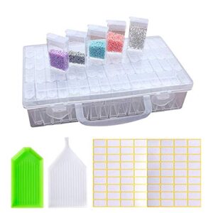 64 grid plastic storage box,container storage clear plastic jewelry organizer box for diy 5d diamond painting tools kit art embroidery projects display collection with adjustable dividers -72 pieces free letter stickers