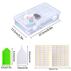 64 Grid Plastic Storage Box,Container Storage Clear Plastic Jewelry Organizer Box for DIY 5D Diamond Painting Tools Kit Art Embroidery Projects Display Collection with Adjustable Dividers -72 Pieces Free Letter Stickers