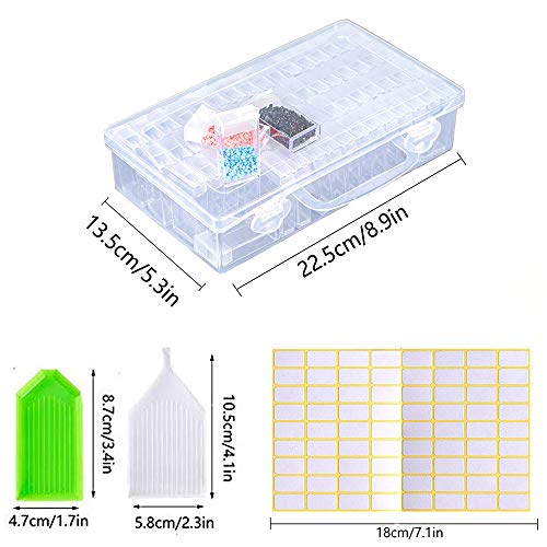 64 Grid Plastic Storage Box,Container Storage Clear Plastic Jewelry Organizer Box for DIY 5D Diamond Painting Tools Kit Art Embroidery Projects Display Collection with Adjustable Dividers -72 Pieces Free Letter Stickers