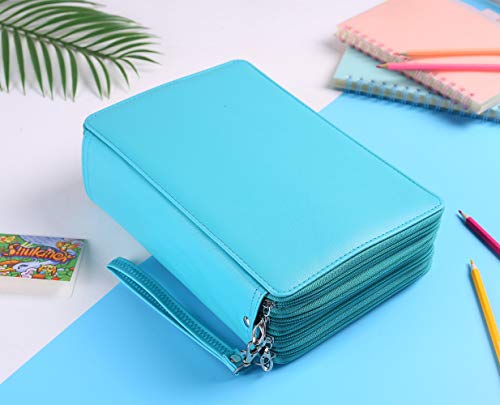 Shulaner 200 Slots Colored Pencil Case Organizer with Zipper PU Leather Large Capacity Pen Holder Bag (Lake Blue)