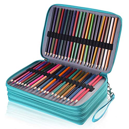 Shulaner 200 Slots Colored Pencil Case Organizer with Zipper PU Leather Large Capacity Pen Holder Bag (Lake Blue)