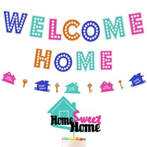 readigo raibow colorful welcome home banner & home sweet home cake topper party decorations, for welcome back baby shower,homecoming,family reunion,new home house warming,back home after trip/travel