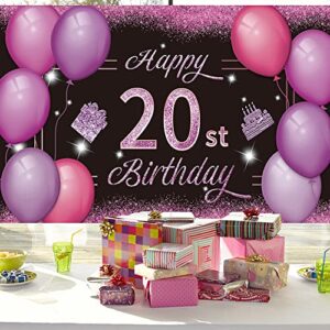 Happy 20st Birthday Backdrop Banner Pink Purple 20th Sign Poster 20 Birthday Party Supplies for Anniversary Photo Booth Photography Background Birthday Party Decorations, 72.8 x 43.3 Inch