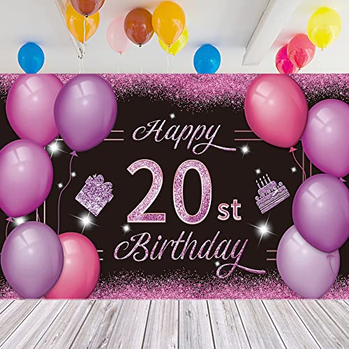 Happy 20st Birthday Backdrop Banner Pink Purple 20th Sign Poster 20 Birthday Party Supplies for Anniversary Photo Booth Photography Background Birthday Party Decorations, 72.8 x 43.3 Inch