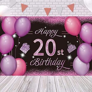 Happy 20st Birthday Backdrop Banner Pink Purple 20th Sign Poster 20 Birthday Party Supplies for Anniversary Photo Booth Photography Background Birthday Party Decorations, 72.8 x 43.3 Inch