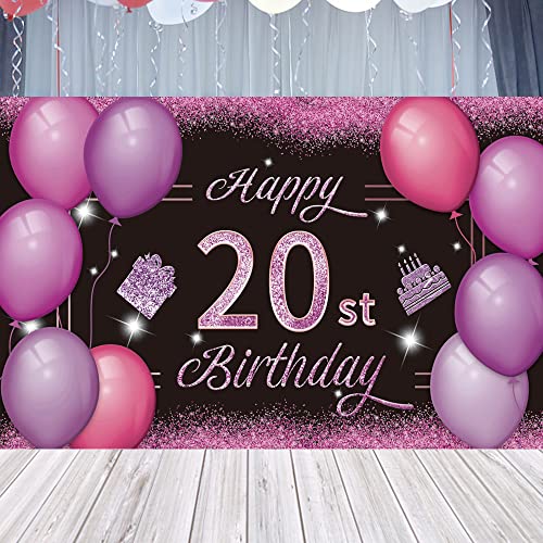 Happy 20st Birthday Backdrop Banner Pink Purple 20th Sign Poster 20 Birthday Party Supplies for Anniversary Photo Booth Photography Background Birthday Party Decorations, 72.8 x 43.3 Inch