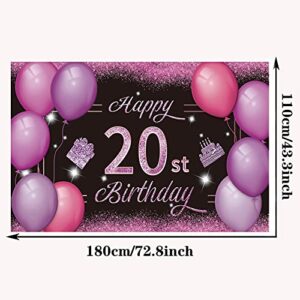 Happy 20st Birthday Backdrop Banner Pink Purple 20th Sign Poster 20 Birthday Party Supplies for Anniversary Photo Booth Photography Background Birthday Party Decorations, 72.8 x 43.3 Inch