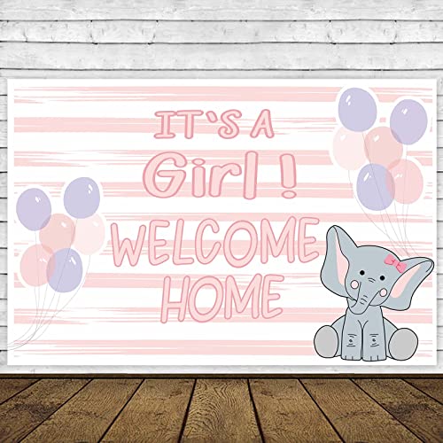 It’s A Girl Welcome Home Cute Cartoon Elephant Banner Animal Theme Supplies Decorations Decor for Girl Princess Wild One Baby Shower Safari 1st Birthday Party Photo Booth Props Backdrop Background