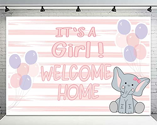 It’s A Girl Welcome Home Cute Cartoon Elephant Banner Animal Theme Supplies Decorations Decor for Girl Princess Wild One Baby Shower Safari 1st Birthday Party Photo Booth Props Backdrop Background