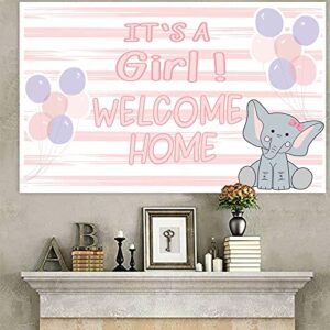 It’s A Girl Welcome Home Cute Cartoon Elephant Banner Animal Theme Supplies Decorations Decor for Girl Princess Wild One Baby Shower Safari 1st Birthday Party Photo Booth Props Backdrop Background