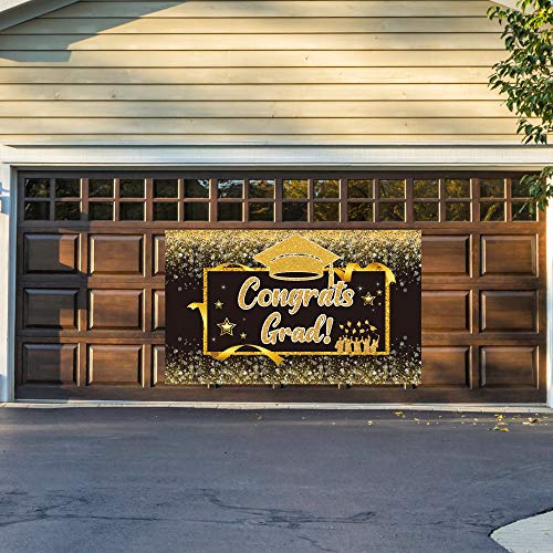 Ushinemi Congrats Grad Backdrop Congratulations Graduate 2023 Banner - Class of 2023 Party Decorations, 6x3.6 Ft, Black and Gold