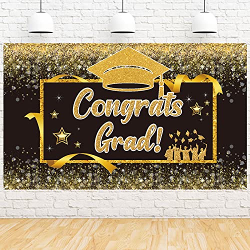 Ushinemi Congrats Grad Backdrop Congratulations Graduate 2023 Banner - Class of 2023 Party Decorations, 6x3.6 Ft, Black and Gold