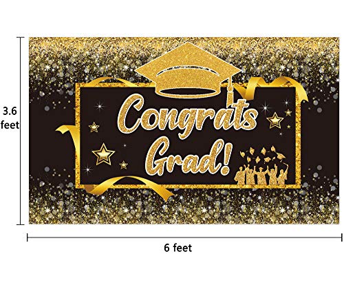 Ushinemi Congrats Grad Backdrop Congratulations Graduate 2023 Banner - Class of 2023 Party Decorations, 6x3.6 Ft, Black and Gold