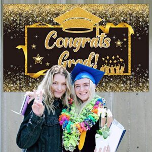 Ushinemi Congrats Grad Backdrop Congratulations Graduate 2023 Banner - Class of 2023 Party Decorations, 6x3.6 Ft, Black and Gold